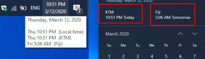 How to add multiple time zone in Windows 10, Two Clocks